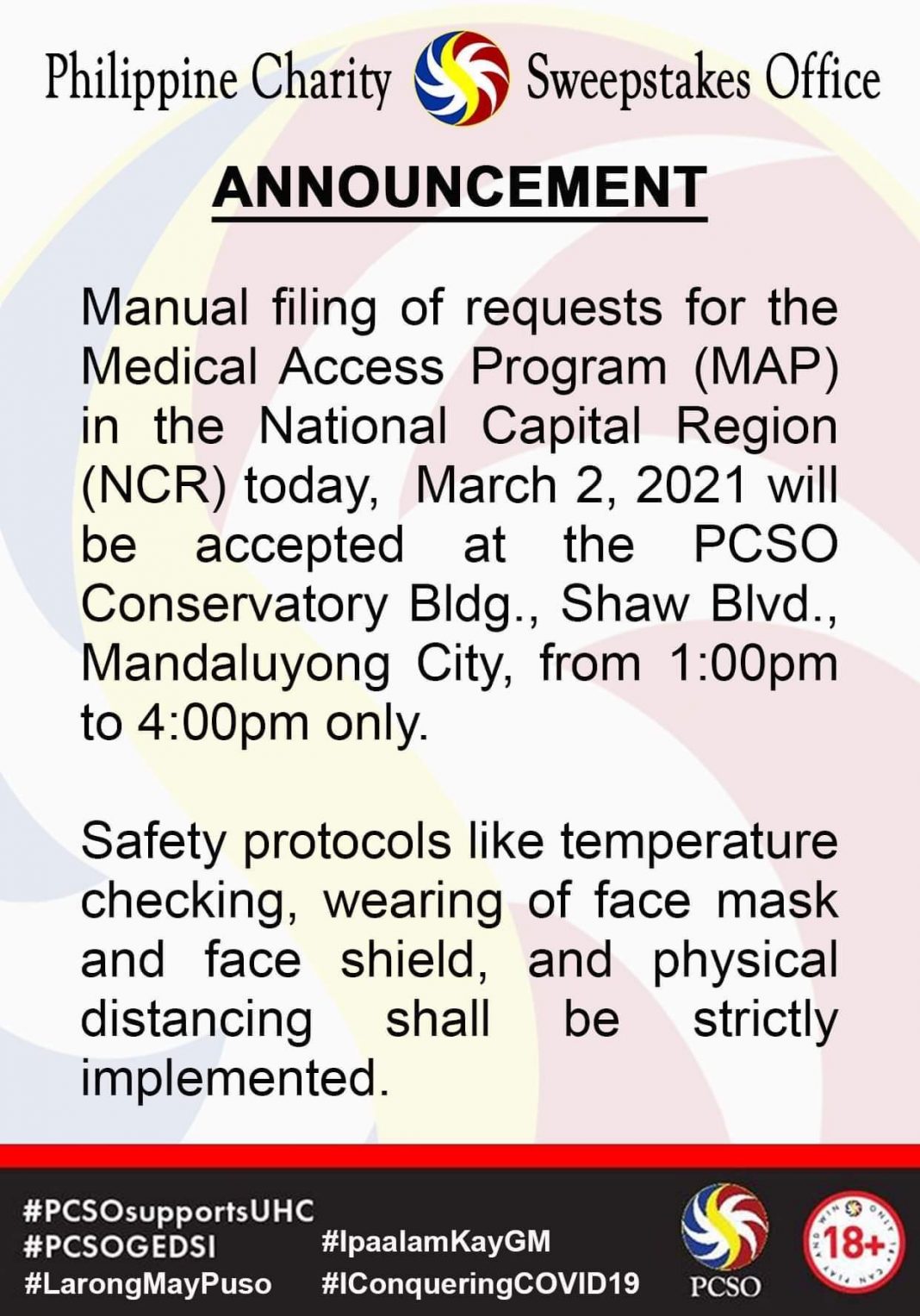 PCSO Conservatory Building accepts manual filing of requests for MAP