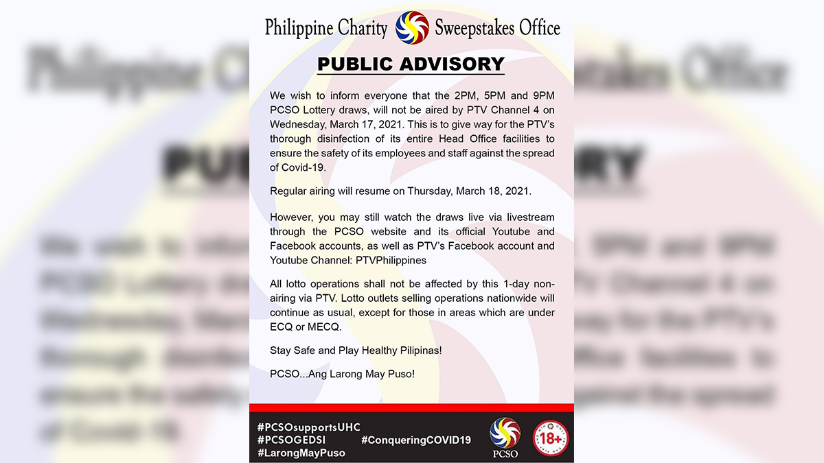 PUBLIC ADVISORY FROM PCSO
