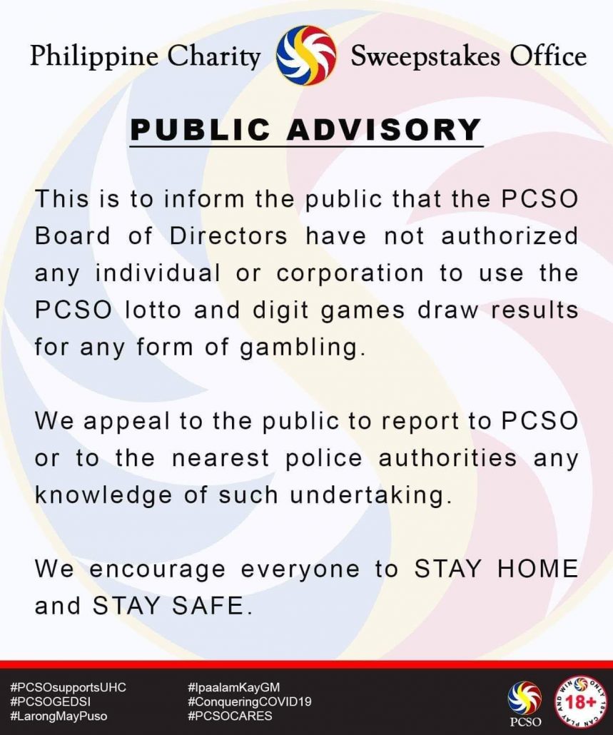 PUBLIC ADVISORY FROM PCSO