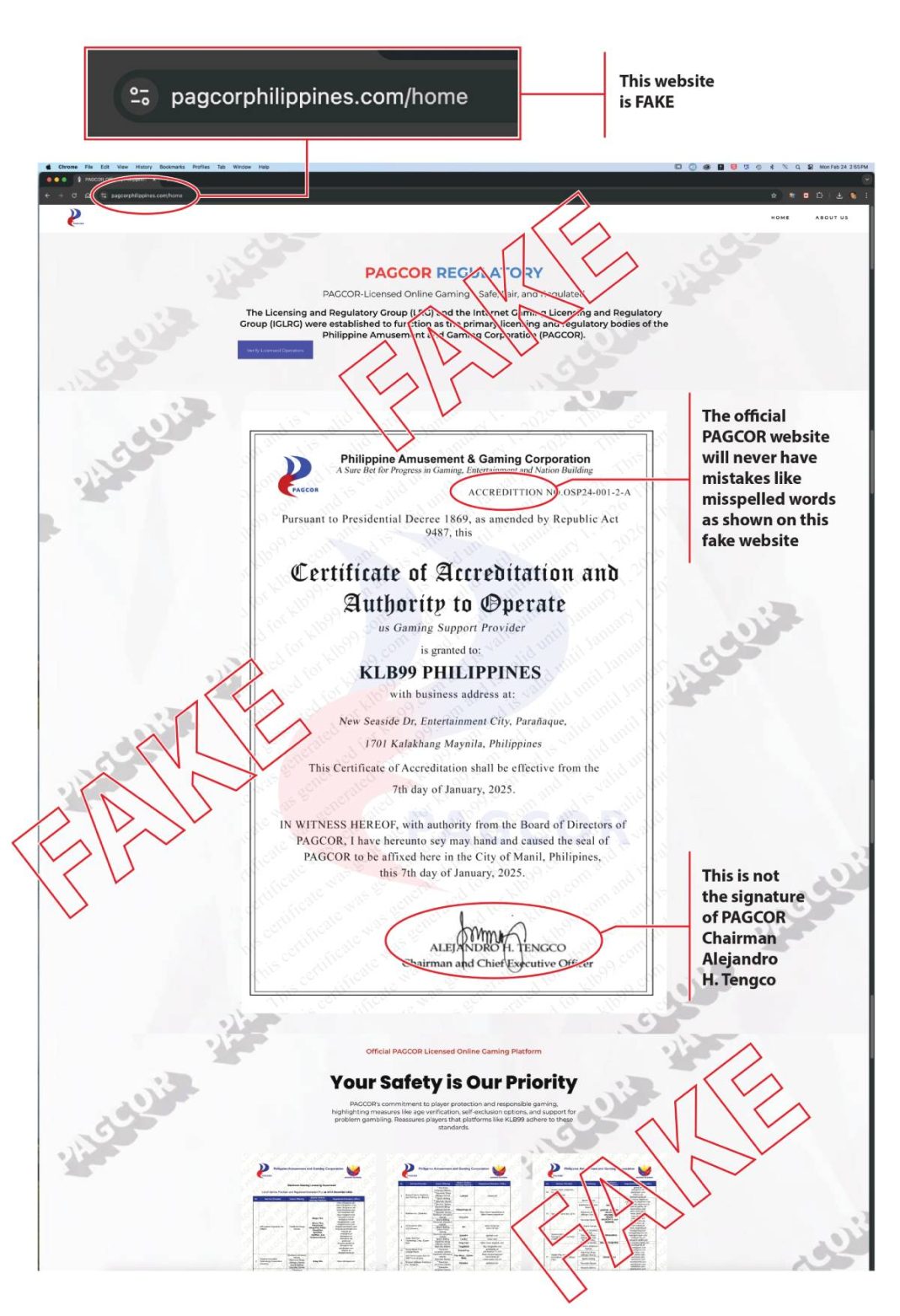 PUBLIC WARNED AGAINST FAKE PAGCOR WEBSITE